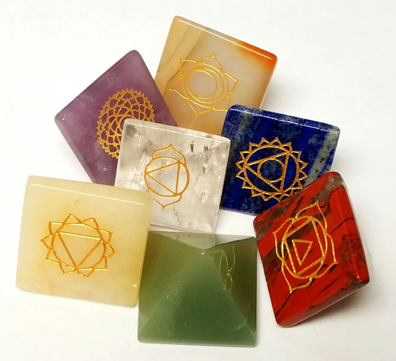 Pyramid, Chakras SET Engraved Stone with Symbols 1 x 1 x 1